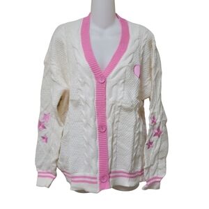 DUTUT | Sweaters | Dutut Womens White And Pink Stars Heart Cardigan ...